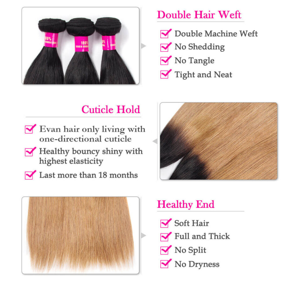 Brazilian Ombre Straight Hair Color T1b/27 Honey Blonde 3 Bundles 100% ...