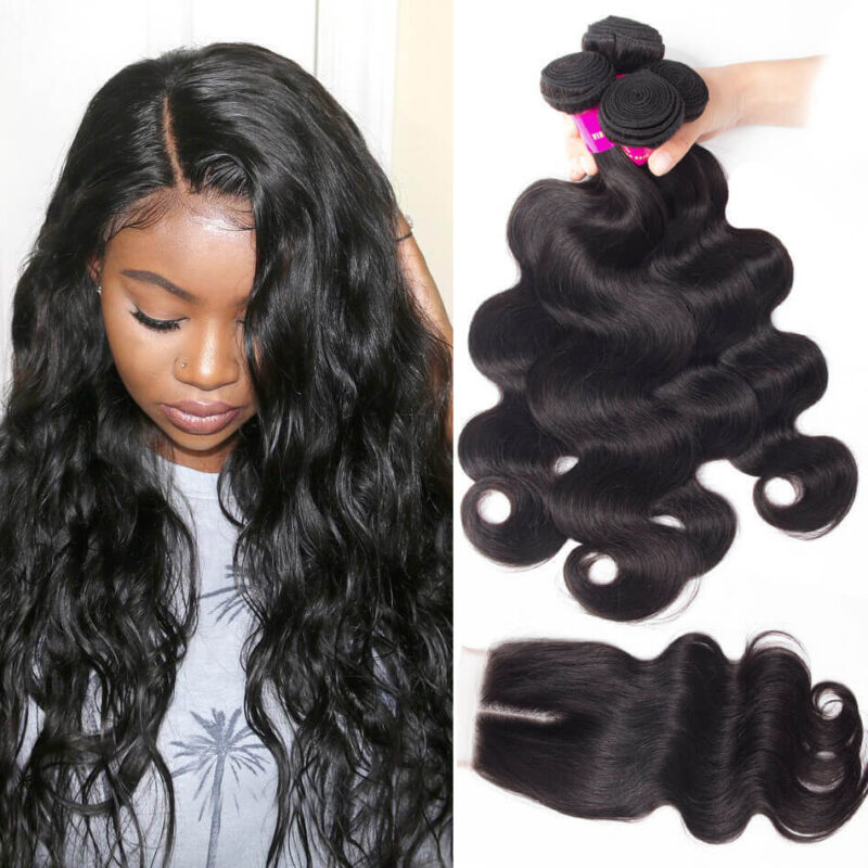 10A Indian Body Wave Hair 4 Bundles With Closure Virgin Human Body Wave ...