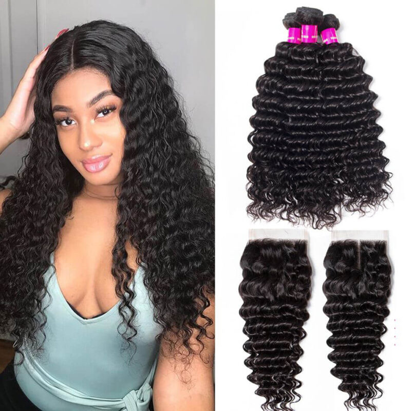 Peruvian Deep Wave Hair 3 Bundles With Closure 10A Virgin Human Hair ...
